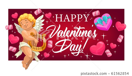 Valentines Day hearts, gift and Cupid with lyre - Stock Illustration ...