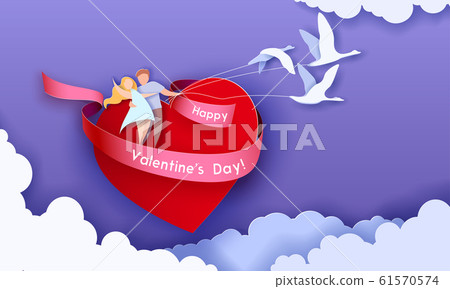 Valentines day card with couple flying on heart - Stock Illustration ...