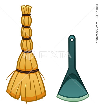 Cartoon isolated besom and dustpan for cleaning on - Stock Illustration ...