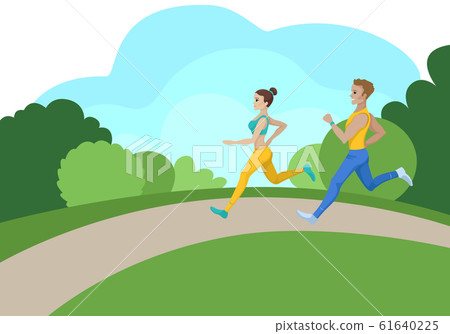 A man and a girl jogging in the park. Summer... - Stock Illustration ...