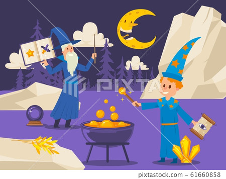 Old wizard teaches young student to cook... - Stock Illustration ...