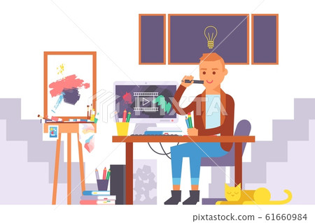 Artist working in studio, vector illustration.... - Stock Illustration ...