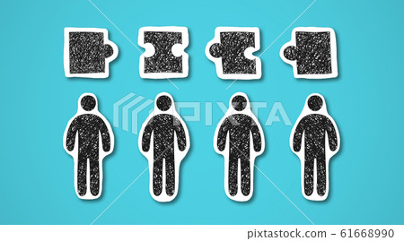 Group of creative people with puzzles above... - Stock Illustration ...