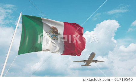 Airliner approaches the Mexican national flag.... - Stock Illustration ...