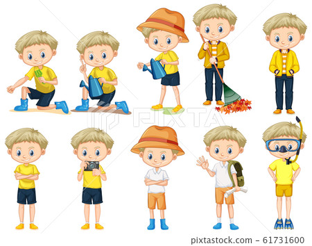 Set of cute boy doing different activities on - Stock Illustration ...