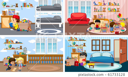 Four scenes with kids reading book in different - Stock Illustration ...