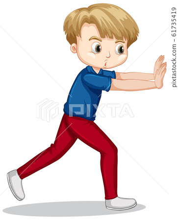 Boy in blue shirt pushing wall - Stock Illustration [61735419] - PIXTA