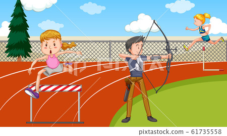 Background scene with athletes playing sports in - Stock Illustration ...