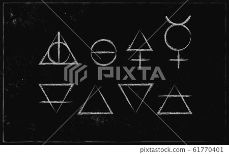 Alchemy symbols isolated on dark background.... - Stock Illustration ...