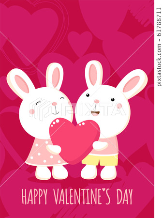 Valentine's day card with cute rabbits - Stock Illustration [61788711 ...