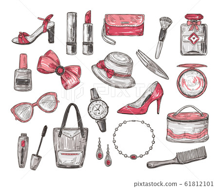 Sketch womens accessories. Handbag, hat and... - Stock Illustration ...
