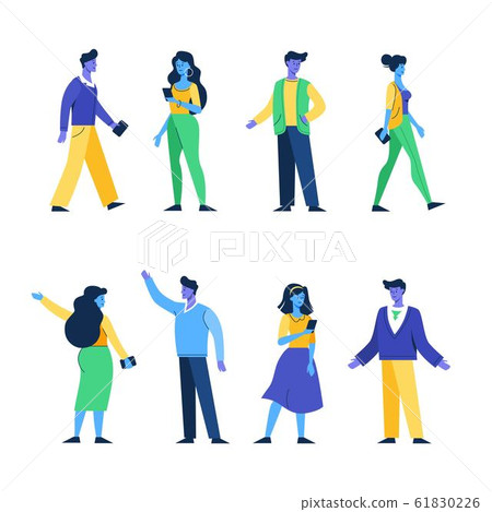 Set of young modern violet people enjoying... - Stock Illustration ...