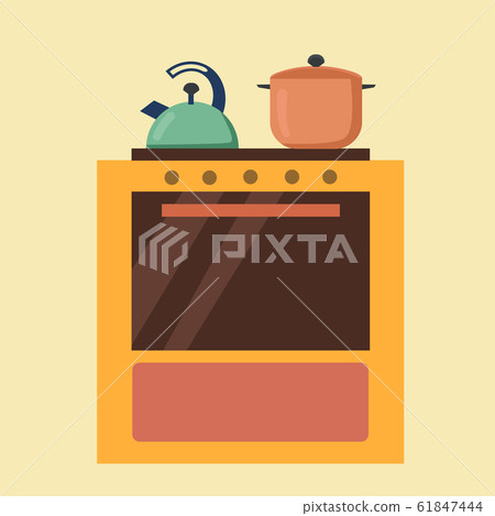 Kitchen stove, oven, teapot and pot. Flat cartoon - Stock Illustration ...
