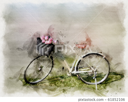 Watercolor painting Beautiful white bicycle - Stock Illustration ...