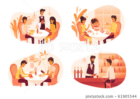 People eating at restaurant illustrations set... - Stock Illustration ...