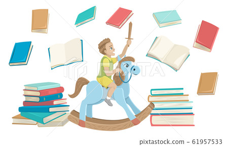 Boy riding a wooden horse, books around.... - Stock Illustration ...