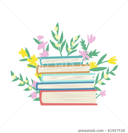 A stack of books or textbooks. Flowers around.... - Stock Illustration ...