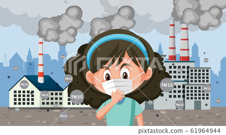 Girl wearing mask in front of the factory full of - Stock Illustration ...