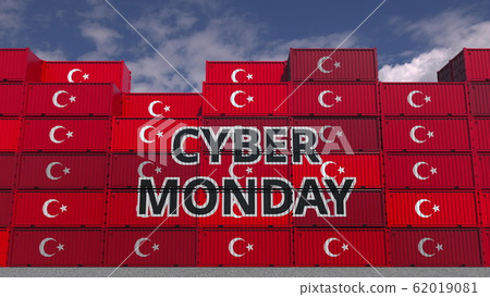 Containers with CYBER MONDAY text and flags of... - Stock Illustration ...