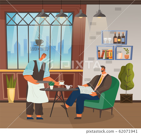 Barista Bring Coffee for Man, Coffeehouse Interior - Stock Illustration ...
