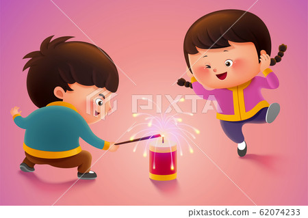 Cute children lighting firecrackers - Stock Illustration [62074233] - PIXTA