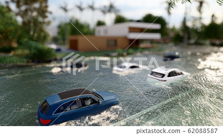 cars driving on a flooded road during a flood... - Stock Illustration ...