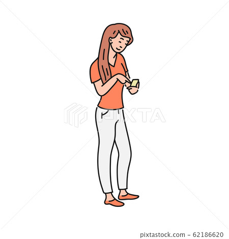 Cartoon woman holding phone and looking at... - Stock Illustration ...
