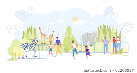 Cartoon People Coming to Zoo, Watching Animals. - Stock Illustration ...