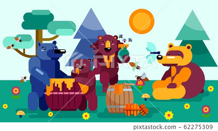 Group of bears wild animals find apiary barrel... - Stock Illustration ...