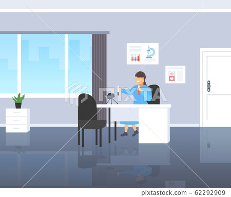 female doctor blogger holding test tubes with... - Stock Illustration ...