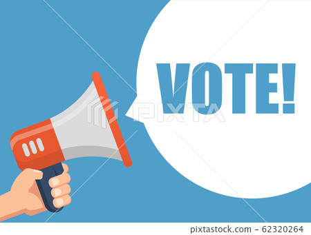Vote - Male hand holding megaphone. Flat design. - Stock Illustration ...