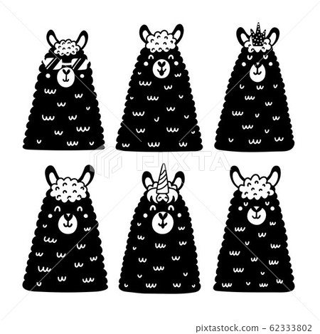Black and white llamas collection. Cute alpacas... - Stock Illustration ...