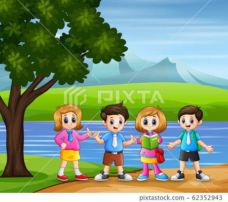 Students studying on the nature background - Stock Illustration ...