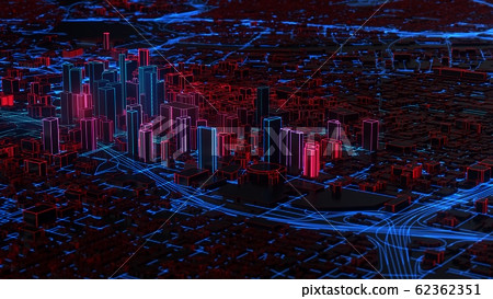 digital city with red and blue glowing edges. 3d - Stock Illustration ...