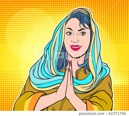 Indian woman raise her hands to respectfully... - Stock Illustration ...