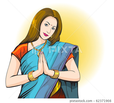 Indian woman raise her hands to respectfully... - Stock Illustration ...