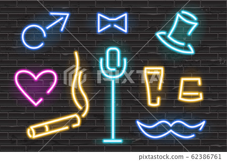 Neon icons for mens club on the dark bricks - Stock Illustration ...