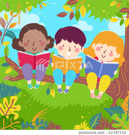 Kids Read Books Branch Tree Illustration - Stock Illustration [62395150 ...