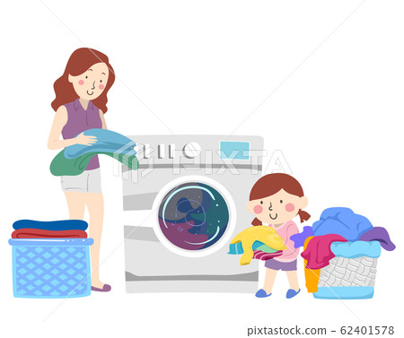 Kid Girl Mom Help Washing Clothes Illustration - Stock Illustration ...