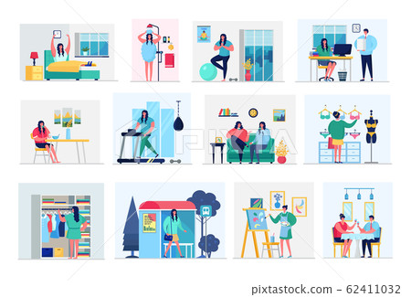 Woman daily routine in everyday life vector... - Stock Illustration ...