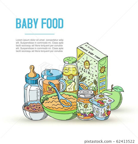 Doodle baby food vector illustration. Newborn... - Stock Illustration ...