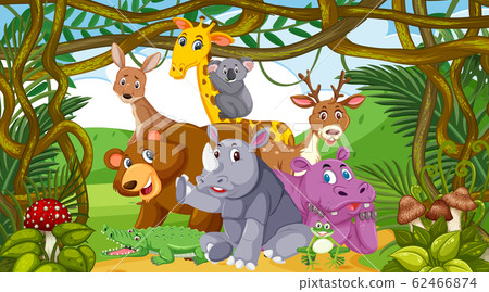 Scene with many wild animals in the forest - Stock Illustration ...