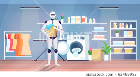 robot putting dirty clothes into washing... - Stock Illustration ...