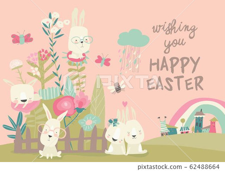 Cute cartoon bunny with Easter eggs and flowers - Stock Illustration ...