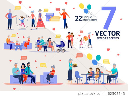 Senior People Family Support Flat Vector Scene Set - Stock Illustration ...