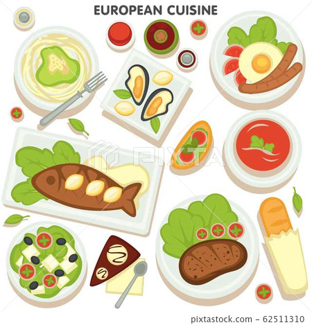 European cuisine, collection of dishes and... - Stock Illustration ...
