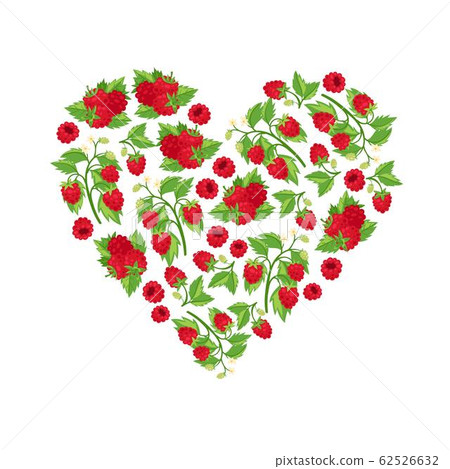 Raspberries berries and leaves heart shape... - Stock Illustration ...