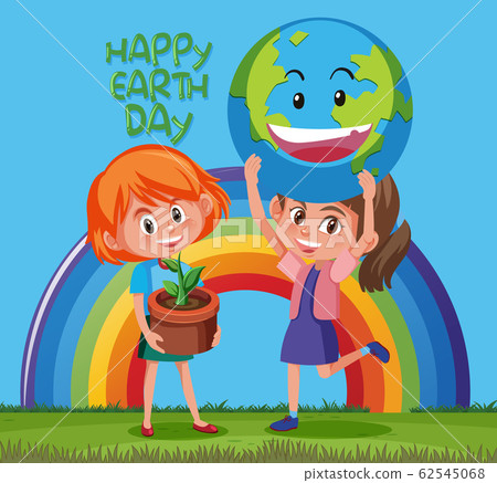 Happy earth day poster design with two girls and - Stock Illustration ...