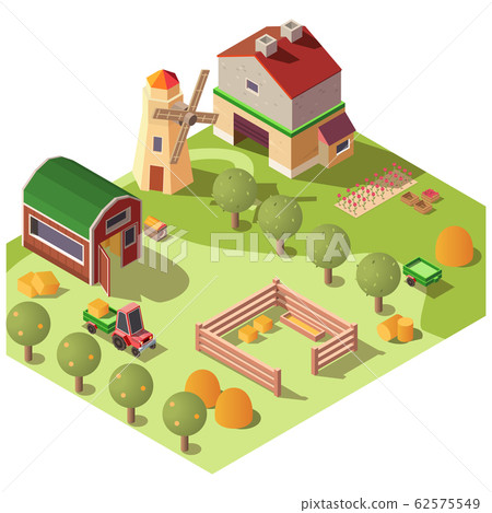 Farm farmyard with outbuildings isometric - Stock Illustration ...
