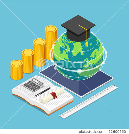 Isometric world and graduation cap on the digital - Stock Illustration ...
